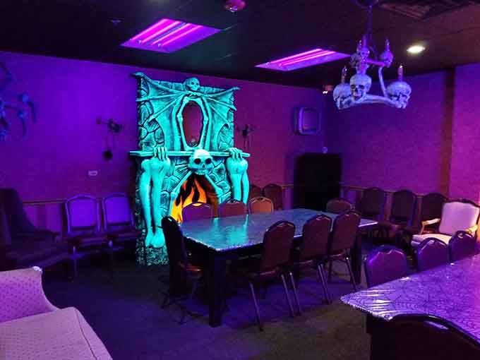 Even the party rooms glow with spooky charm, perfect for celebrating birthdays in otherworldly style.