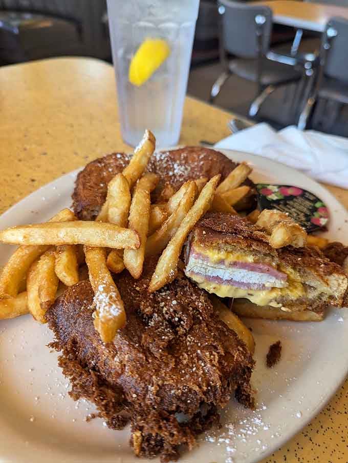 This plate screams "can't decide between breakfast and lunch?" The answer is clearly "have both!" French toast and sandwich&mdash;problem solved.