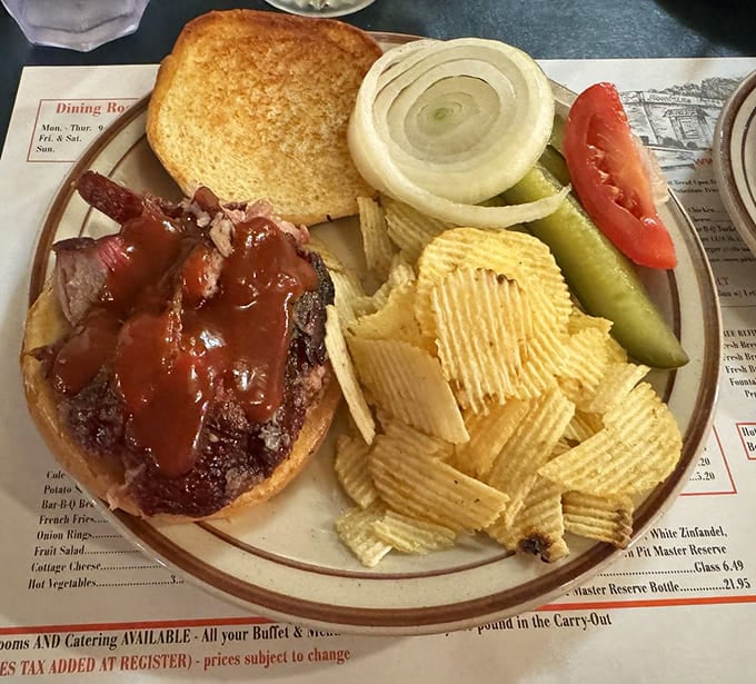 This barbecue pork sandwich comes loaded with all the fixings, ready to redefine your lunch expectations completely.