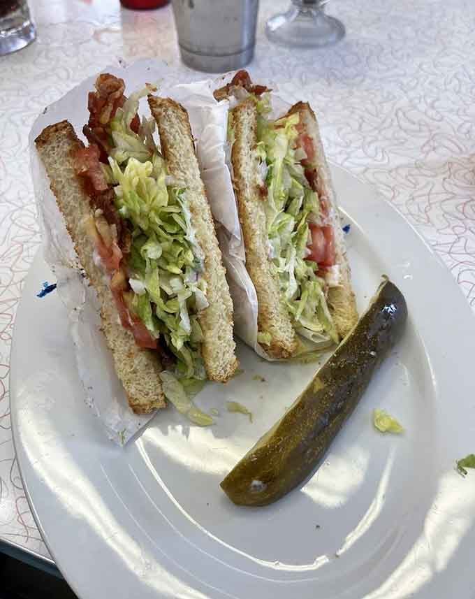 That BLT stands tall with crispy bacon strips reaching skyward, accompanied by its faithful pickle sidekick for moral support.