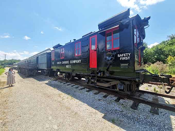 The Union Carbide Company locomotive stands ready, proving that industrial workhorses can have serious style too.