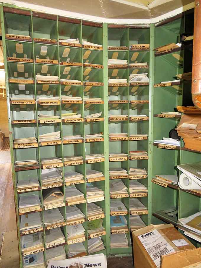 This vintage mail sorting cabinet organized correspondence for dozens of towns, back when people actually wrote letters instead of texting "K."