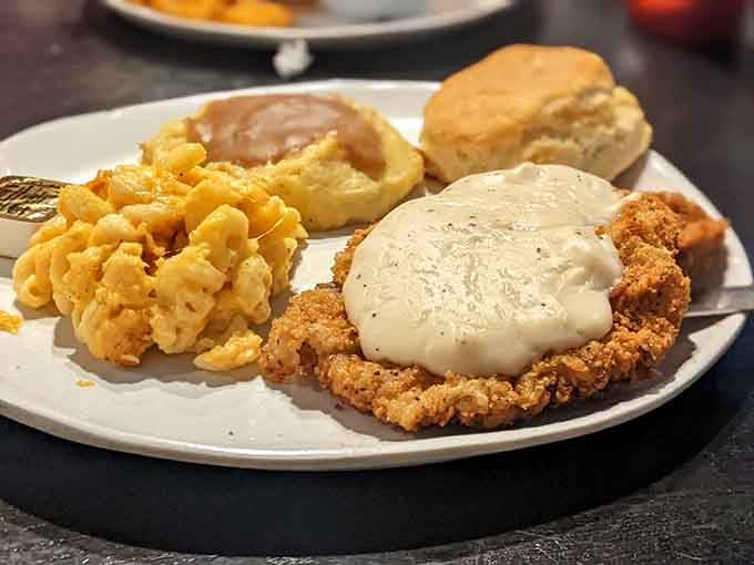 Country fried steak with all the fixings &ndash; this is what breakfast dreams are made of, folks.