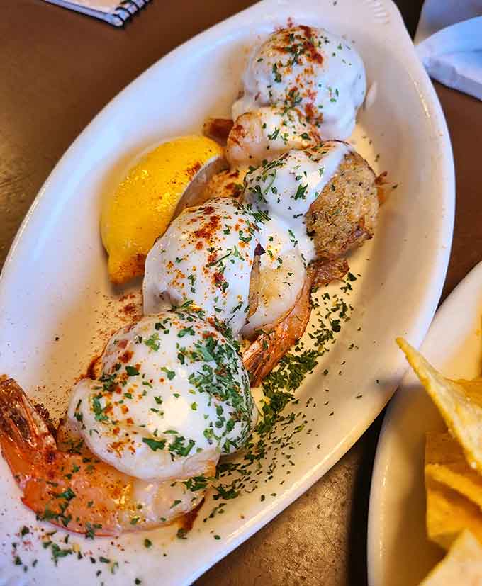 Stuffed shrimp that look like they're ready for their close-up, because presentation matters even at a beach joint.