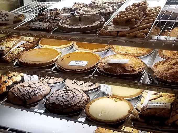 This pie case looks like someone raided heaven's dessert table and brought back the greatest hits collection.