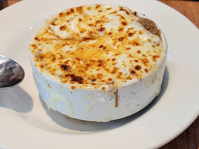 French onion soup with a golden, bubbling cheese top that could make a grown person weep tears of joy.