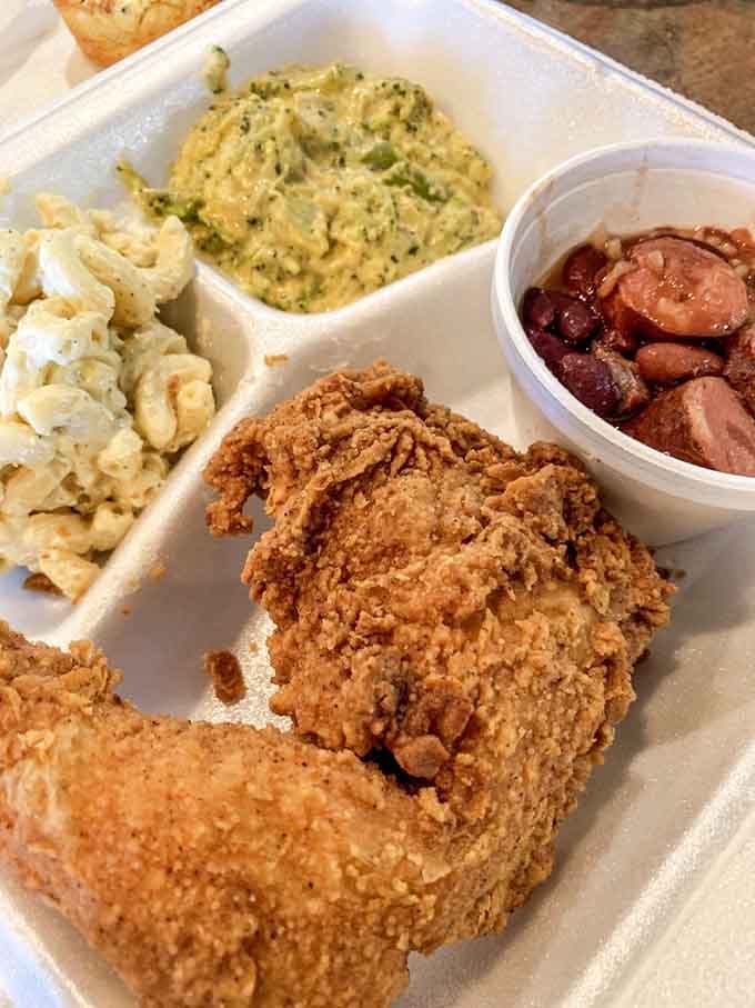 Comfort food nirvana: mac and cheese, potato salad, red beans, and fried chicken that tastes like someone's grandmother made it with love.