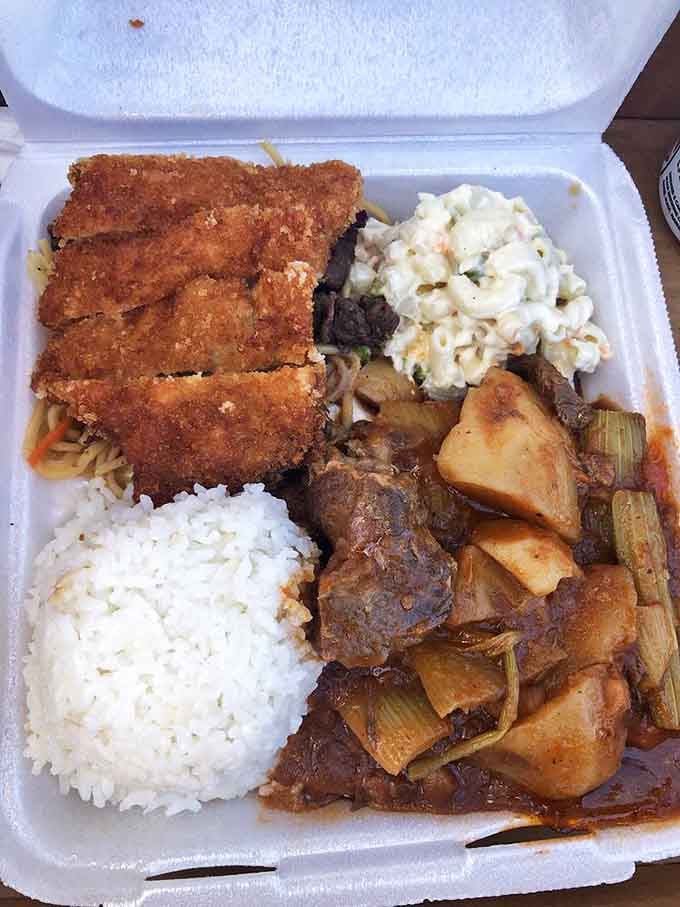 This isn't just a plate lunch; it's a commitment. Chicken katsu, beef stew, rice, and mac salad arranged like a delicious Tetris game of Hawaiian comfort.