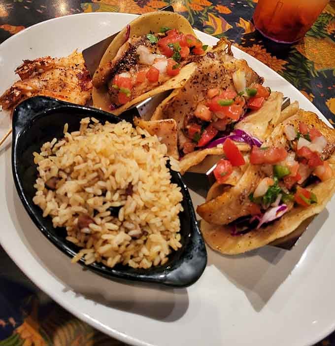 Fish tacos that prove you don't need an ocean view to enjoy perfectly seasoned seafood and rice.