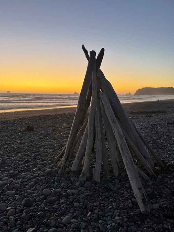 Someone built a driftwood teepee because even beach debris deserves to reach its architectural potential at Rialto.
