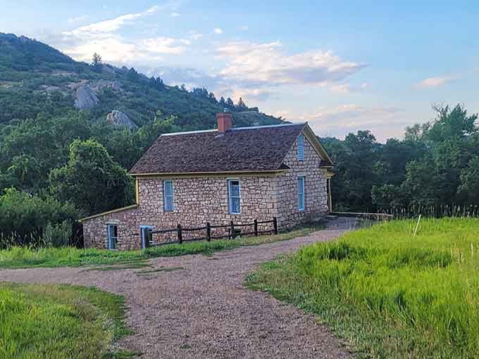The historic Persse Place stone building stands as a charming reminder of the area's ranching past and simpler times.