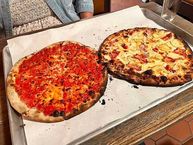 Two pies, endless possibilities: one red, one loaded, both emerging from ovens hotter than a summer sidewalk.
