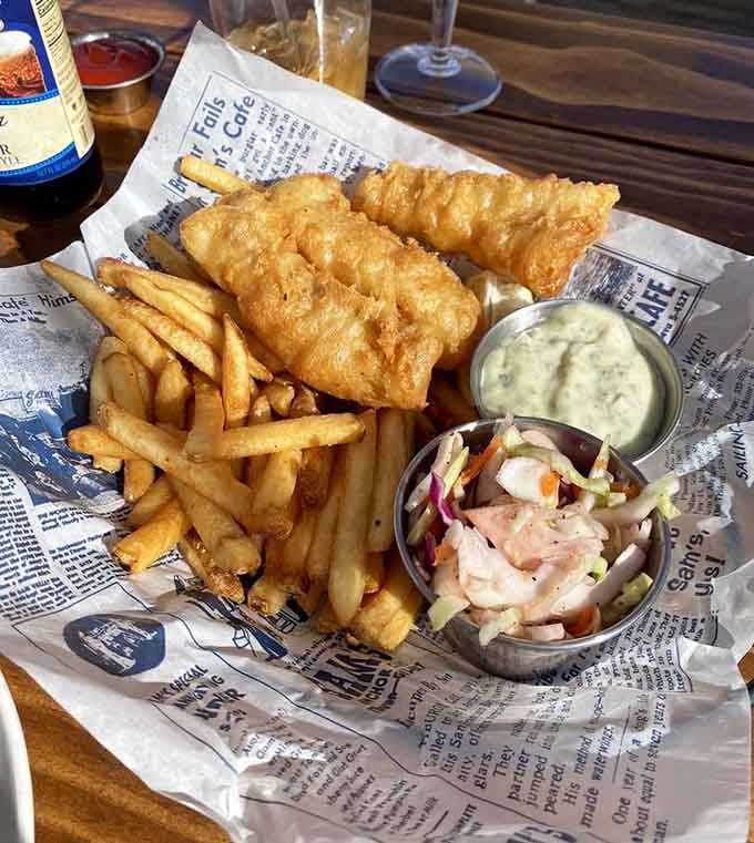 Golden, crispy fish and chips that would make any seaside pub jealous, complete with tangy slaw and creamy tartar sauce.