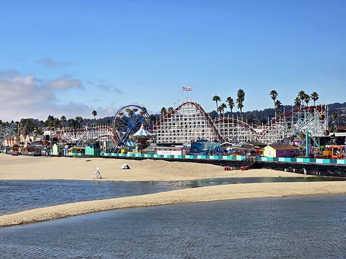 The Giant Dipper rises against the sky, proving that wooden roller coasters never go out of style.