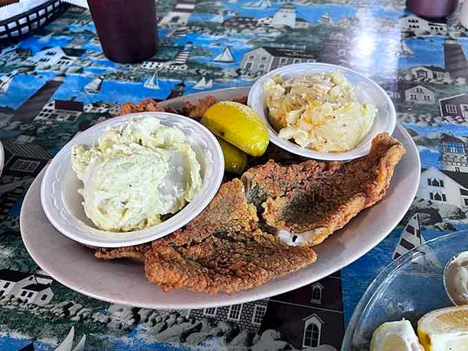 Grouper fillets fried to perfection with sides that prove the supporting cast can be just as impressive as the star.