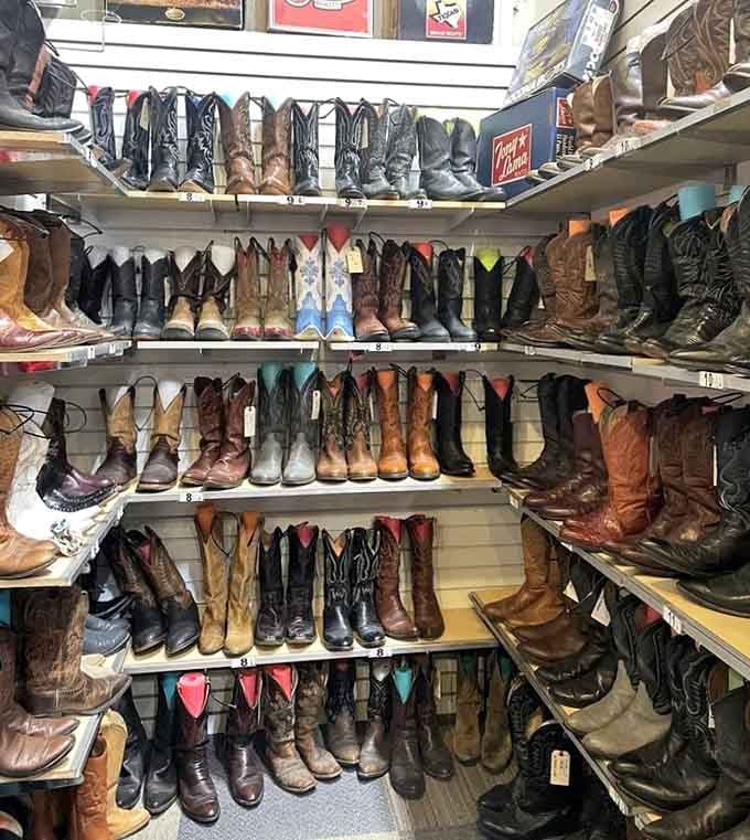 This wall of cowboy boots would make any country music video jealous, offering Western flair in every shade imaginable.