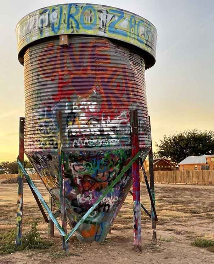 This grain silo proves that literally everything at Bug Ranch becomes a canvas for creative expression and colorful chaos.