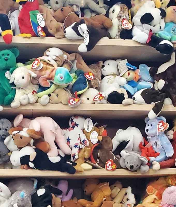 Beanie Babies huddle together, reminding you of that collecting craze that swept the nation.