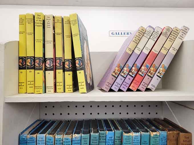Nancy Drew and Hardy Boys mysteries lined up like old friends waiting to solve cases again.