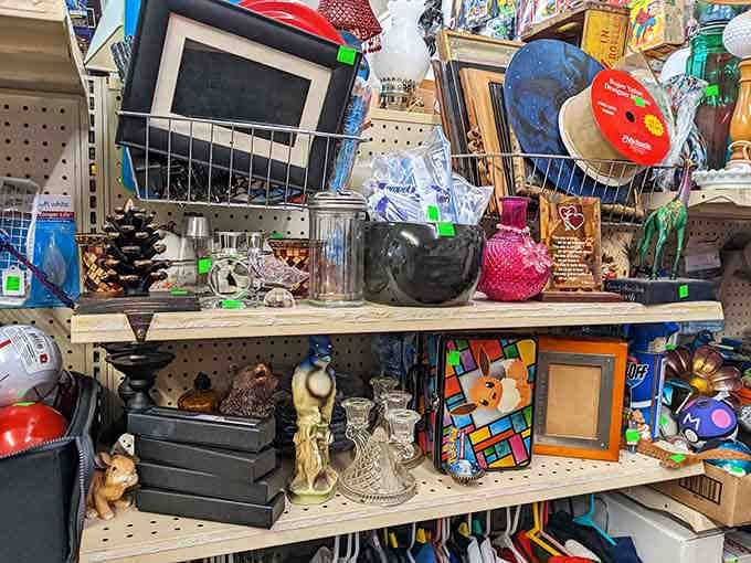 Pinecones meet pink perfume bottles in a shelf arrangement that defies logic but somehow works perfectly in flea market physics.