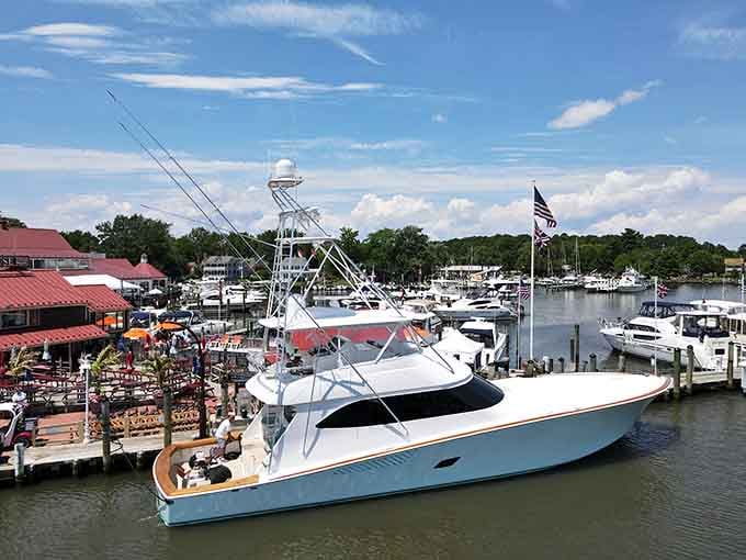 Modern yachts dock where colonial shipbuilders once crafted vessels that made maritime history.