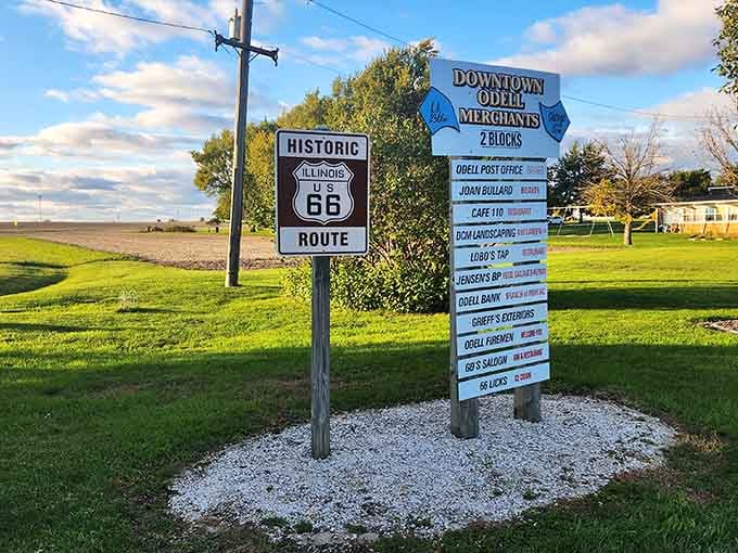 Even the signage in Odell knows Route 66 is the star of the show, proudly marking this historic corridor.