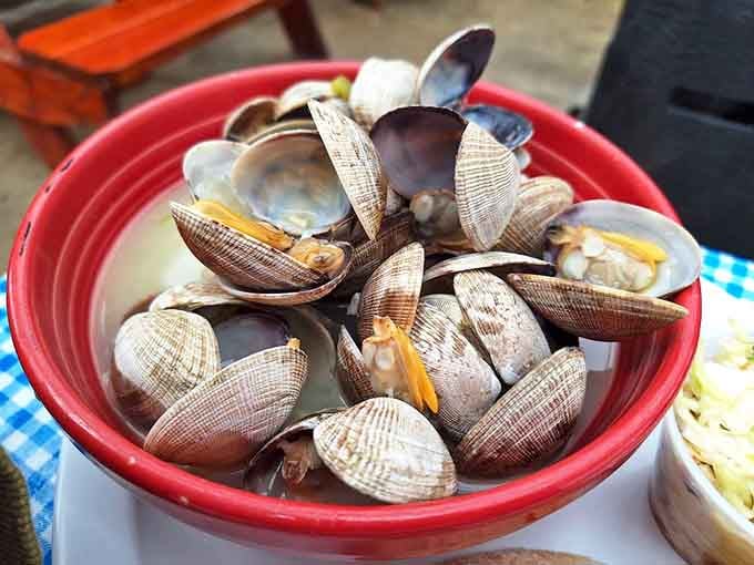 A bucket of steamed clams that would make any seafood lover weak in the knees and reach for extra napkins.