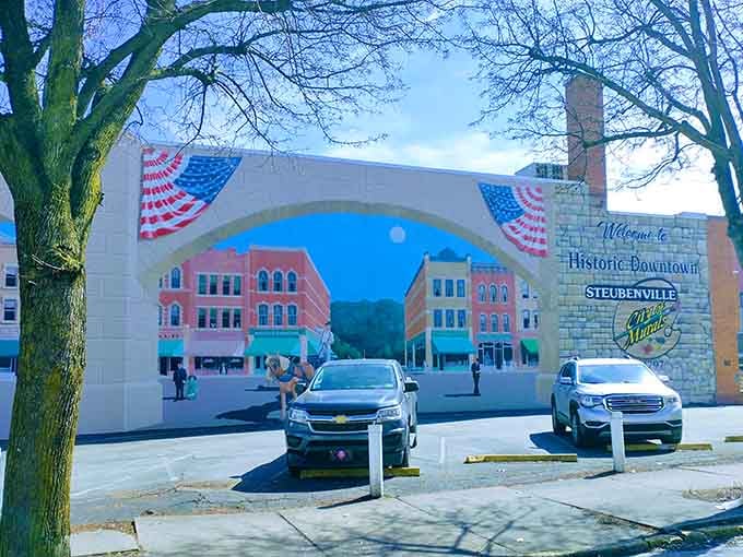 This trompe l'oeil mural creates a window to Steubenville's past. Step through this painted portal and suddenly your selfie game has historical significance.