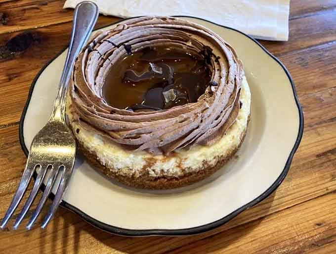 Salted caramel cheesecake with chocolate swirls that'll make you question every dessert decision you've made before this moment.