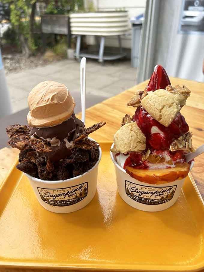 These sundaes look like they're auditioning for a role in a dessert-themed superhero movie.