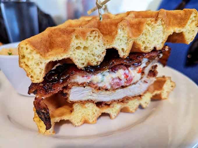 Fried chicken meets waffle in this sandwich that settles the sweet-versus-savory debate by declaring everyone a winner here.