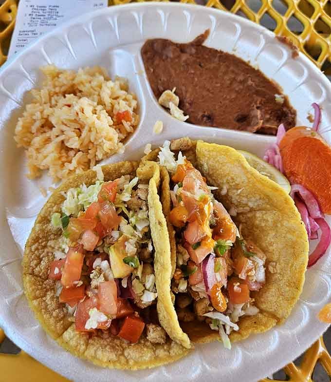 Golden-fried fish tacos topped with fresh cabbage and pico de gallo. The ocean meets the desert beautifully.