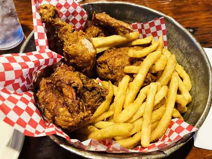 Golden fried chicken that would make your grandmother jealous, served with fries that know their supporting role perfectly.
