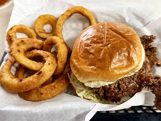 When your burger comes with onion rings, you know someone understands the assignment perfectly.