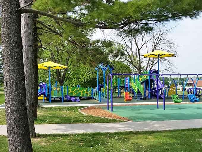 This colorful playground proves affordable living doesn't mean sacrificing childhood joy—these swings and slides host the same giggles as their big-city counterparts.