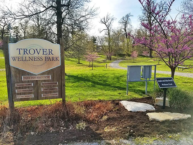Trover Wellness Park welcomes spring with redbud trees and walking paths&mdash;proof that "wellness" doesn't require expensive gym memberships.