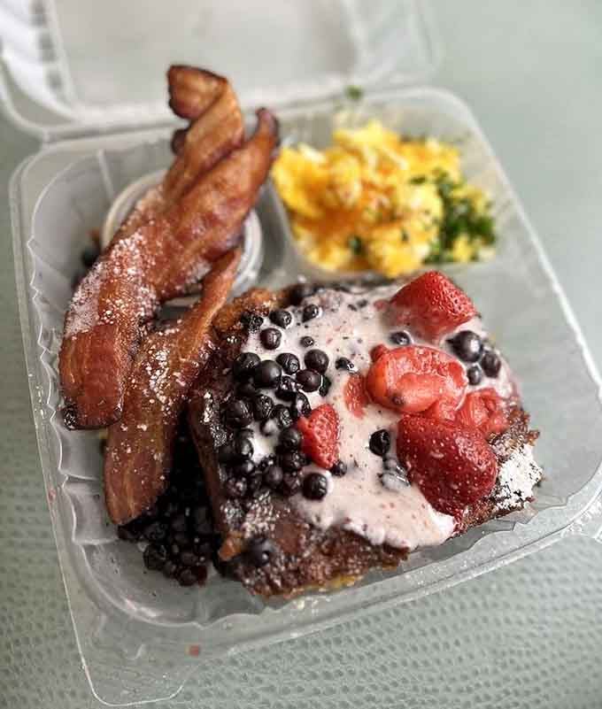Berry Lime French Toast with bacon that's been dusted with magic, or possibly just the perfect amount of sugar.
