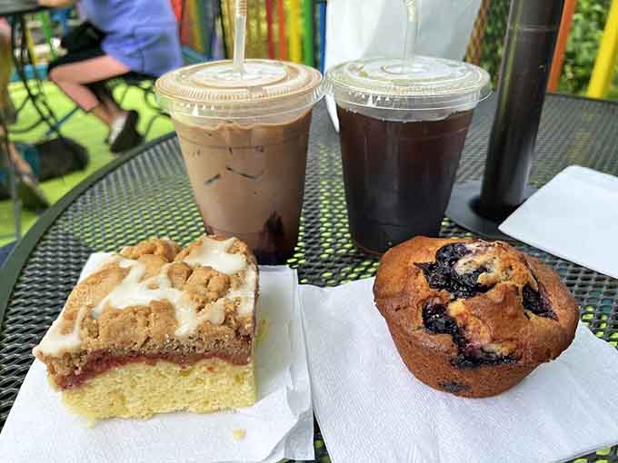 Coffee, cake, and a muffin on the patio: the holy trinity of a perfect morning.