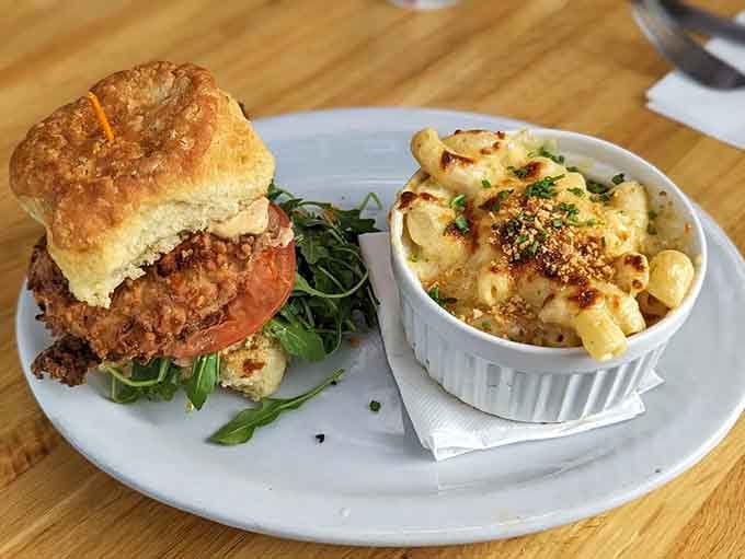 A chicken biscuit paired with mac and cheese is the kind of combo that makes life worth living.