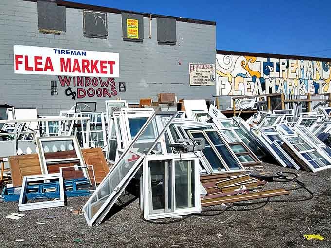 Window shopping takes on a literal meaning at Tireman's outdoor display. These frames have seen more Detroit stories than a bartender at Tiger Stadium.