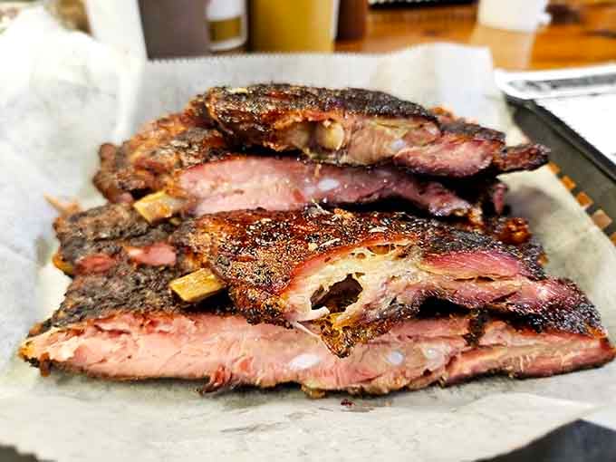 These ribs have that perfect bark and pull that makes barbecue purists weep tears of joy into their napkins.