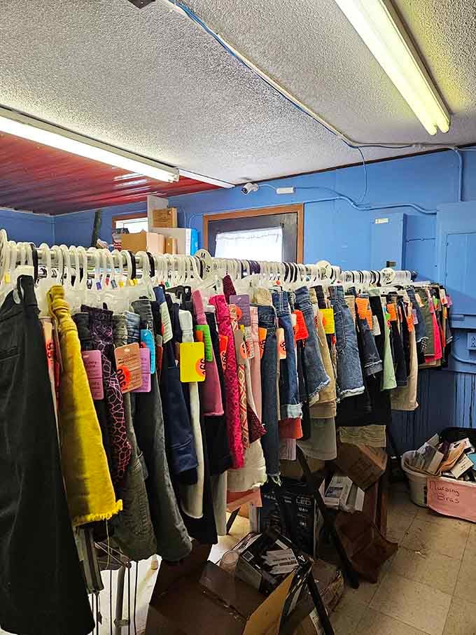 The denim jungle, where every pair tells a story. Color-coded tags make navigating this fashion time capsule surprisingly manageable.