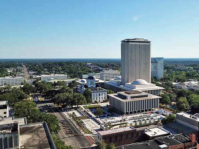 Downtown's architectural contrast tells Tallahassee's story&mdash;historic capitol dome meets modern government tower in a skyline that's part Southern charm, part power broker.