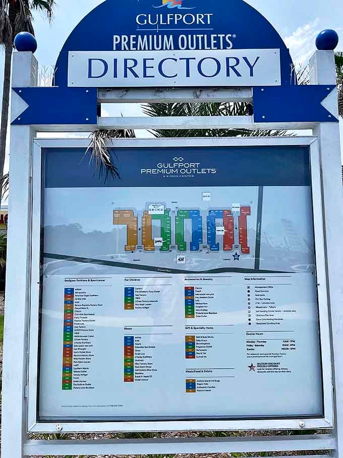 The directory sign stands like a treasure map, X marking the spots where your credit card should go. Study it carefully&mdash;shopping here without a plan is like sailing without a compass.