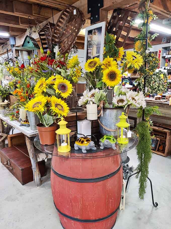 Sunflowers and vintage barrels create impromptu still-life arrangements that would make both Van Gogh and your grandmother equally delighted.
