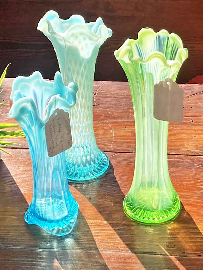These delicate glass vases in aqua and lime would make even the most modest grocery store flowers feel like they've received a promotion.