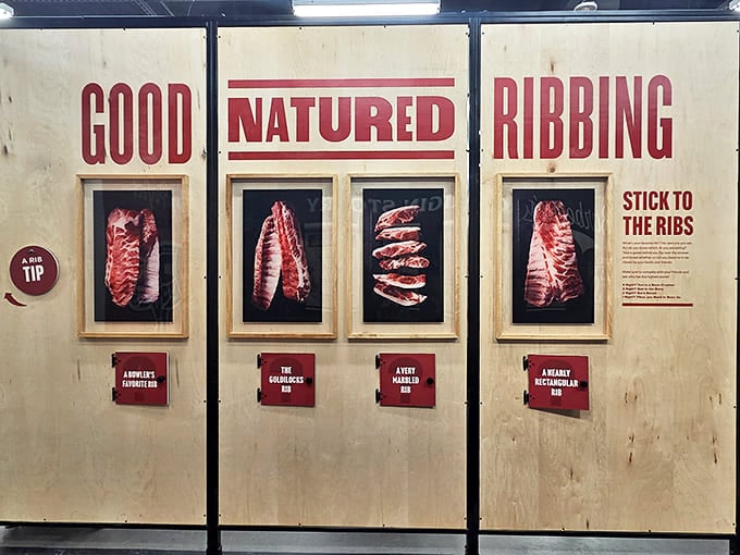 Good Natured Ribbing takes on new meaning with this display showcasing various rib cuts. Each glistening specimen is like barbecue jewelry under museum lighting.