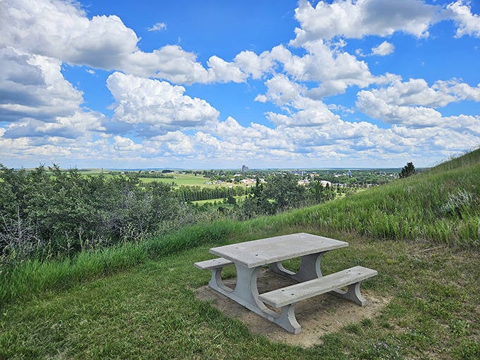 This humble picnic table offers perhaps the most spectacular lunch view in North Dakota&mdash;rolling farmland stretching to the horizon.