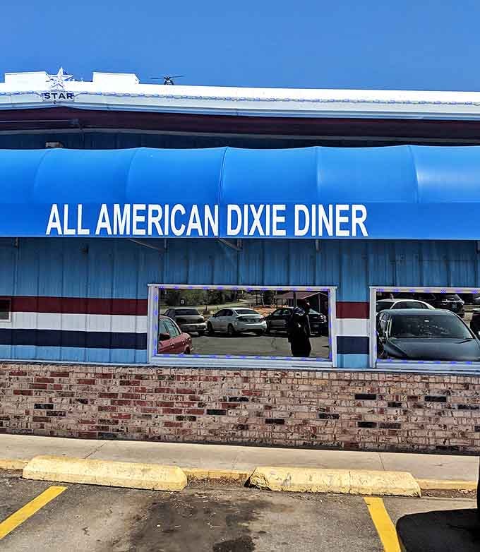 All American Dixie Diner's patriotic blue awning signals comfort food with a side of nostalgia.