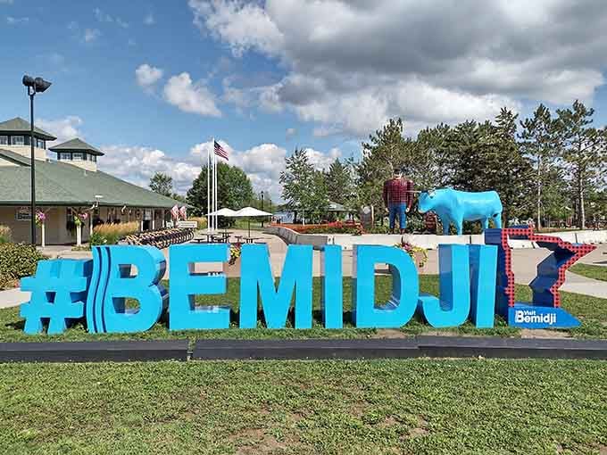 Bemidji's iconic blue ox statue stands proud, welcoming visitors to a town where Social Security checks don't disappear faster than Minnesota's summer.